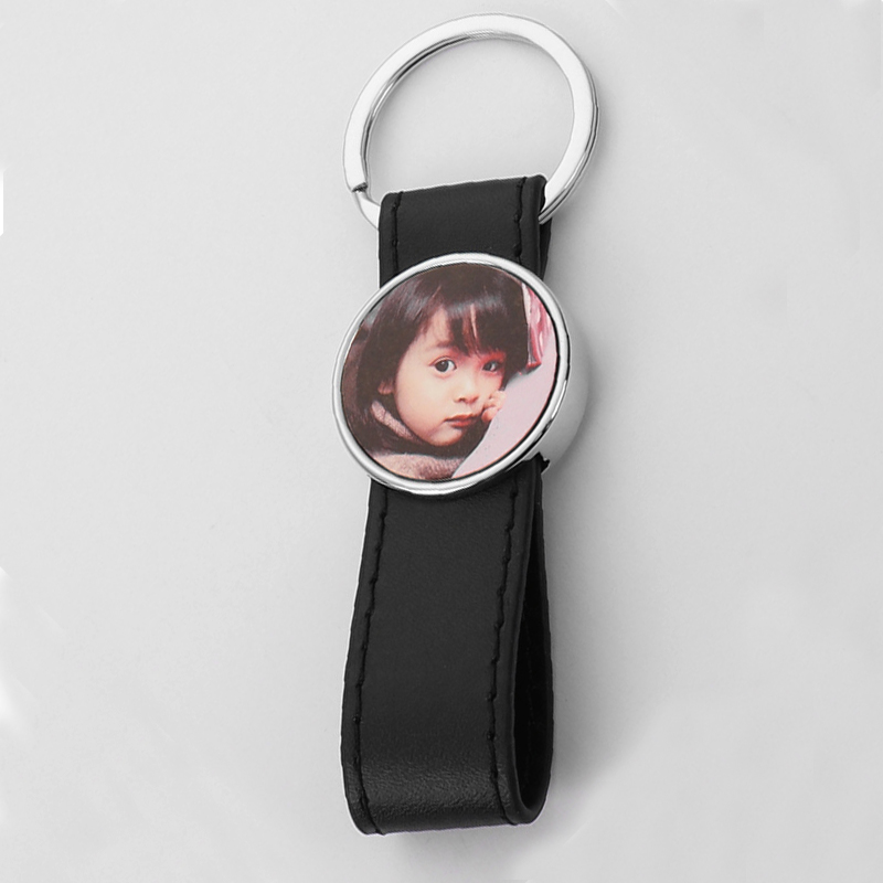 New Custom keyring Sublimation Round Shape Black Leather Keychain